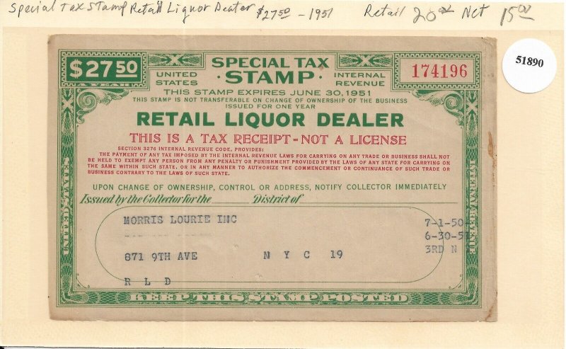 $27.50 Retail Liquor Dealer Special Tax Stamp 1950-1951 (51890 ...