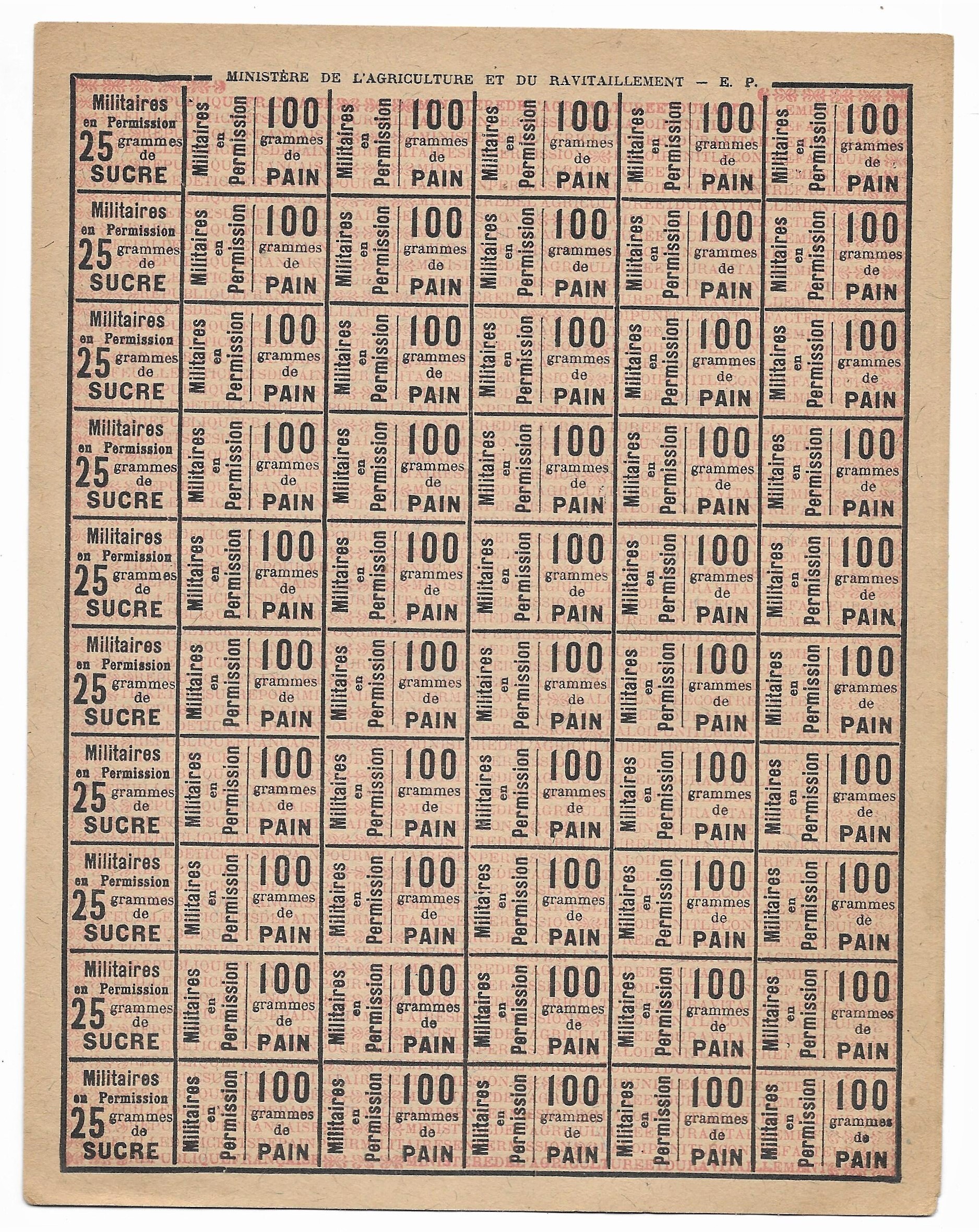 France World War 1 Sugar & Bread Ration Ticket Sheet for Soldiers on ...