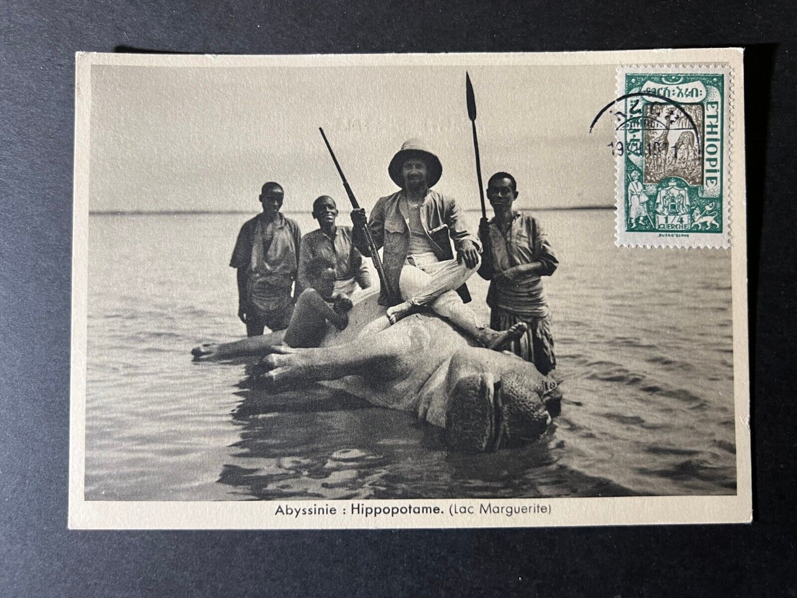1931 Abyssinia Ethiopia RPPC Postcard Cover Hippopotamus Hunt Native ...