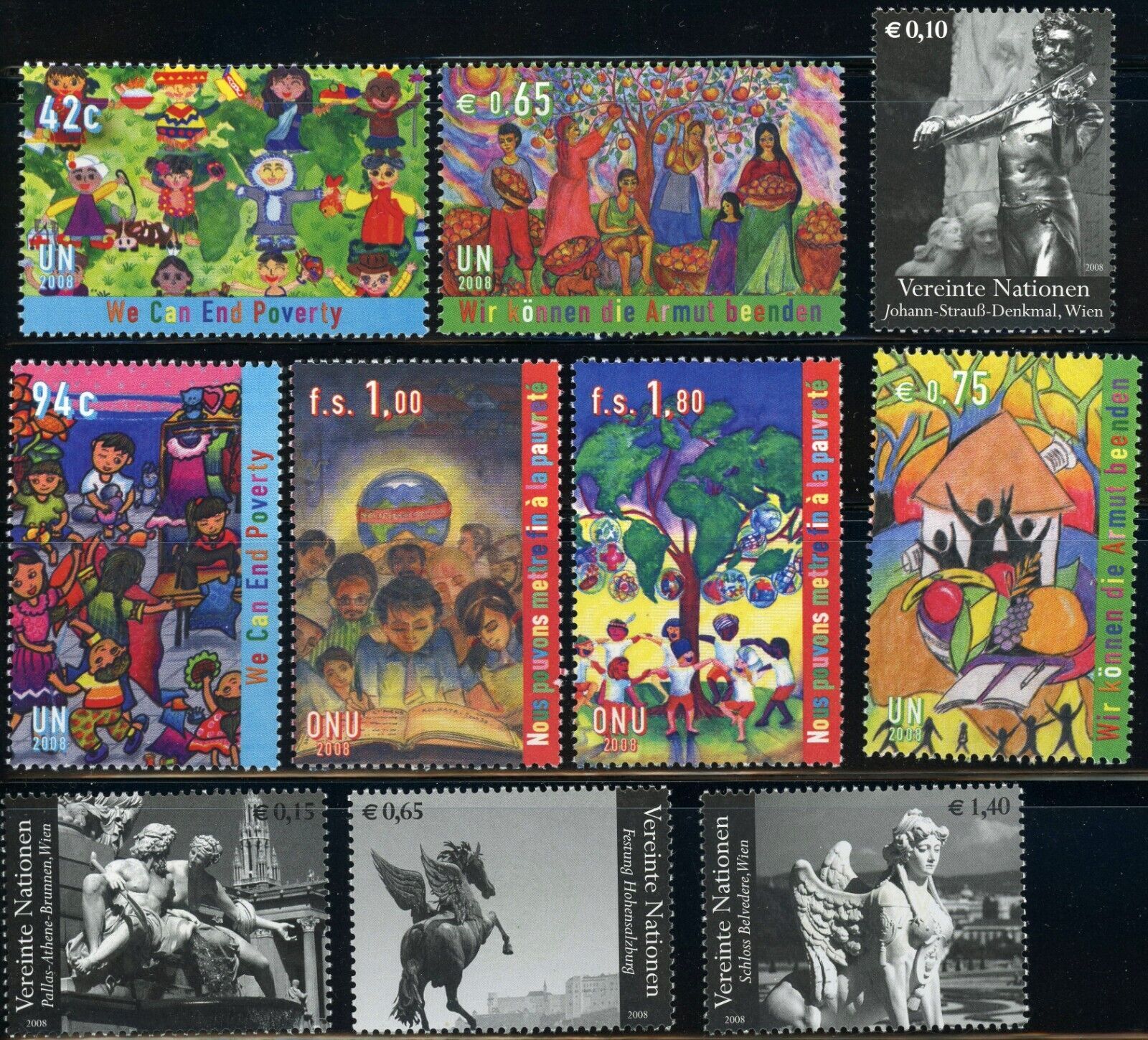 United Nations UN 2008 Postage Stamp Collection USA Switzerland Austria ...