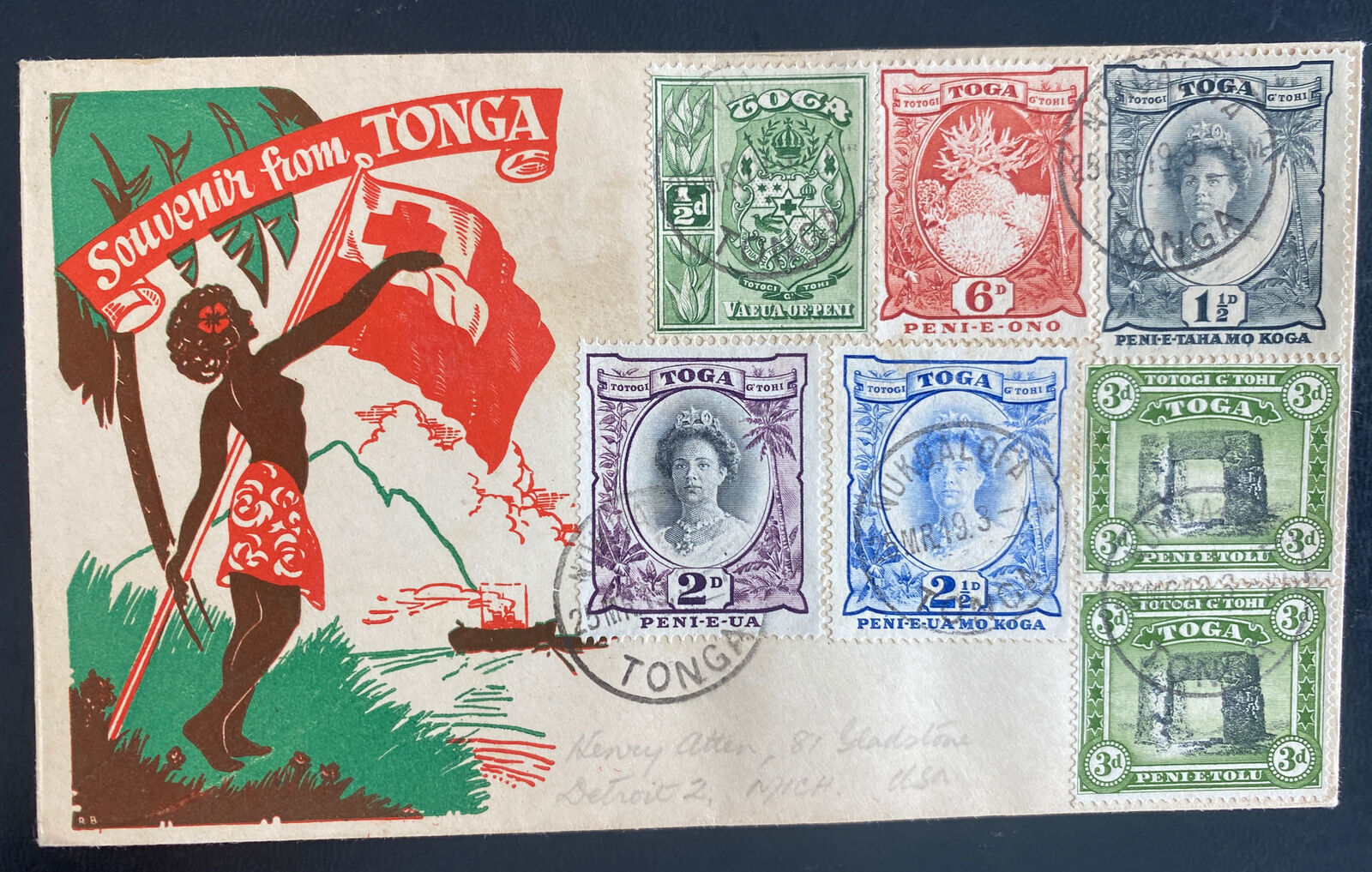 1949 Nukualofa Tonga Toga Illustrated Souvenir Cover To Detroit MI Usa ...