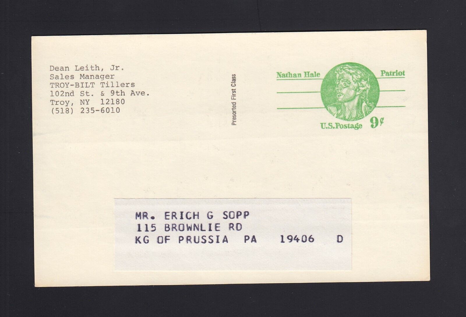 UX72, UPSS #S89 9c Postal Card - TROY BUILT - PRESORTED FIRST CLASS ...