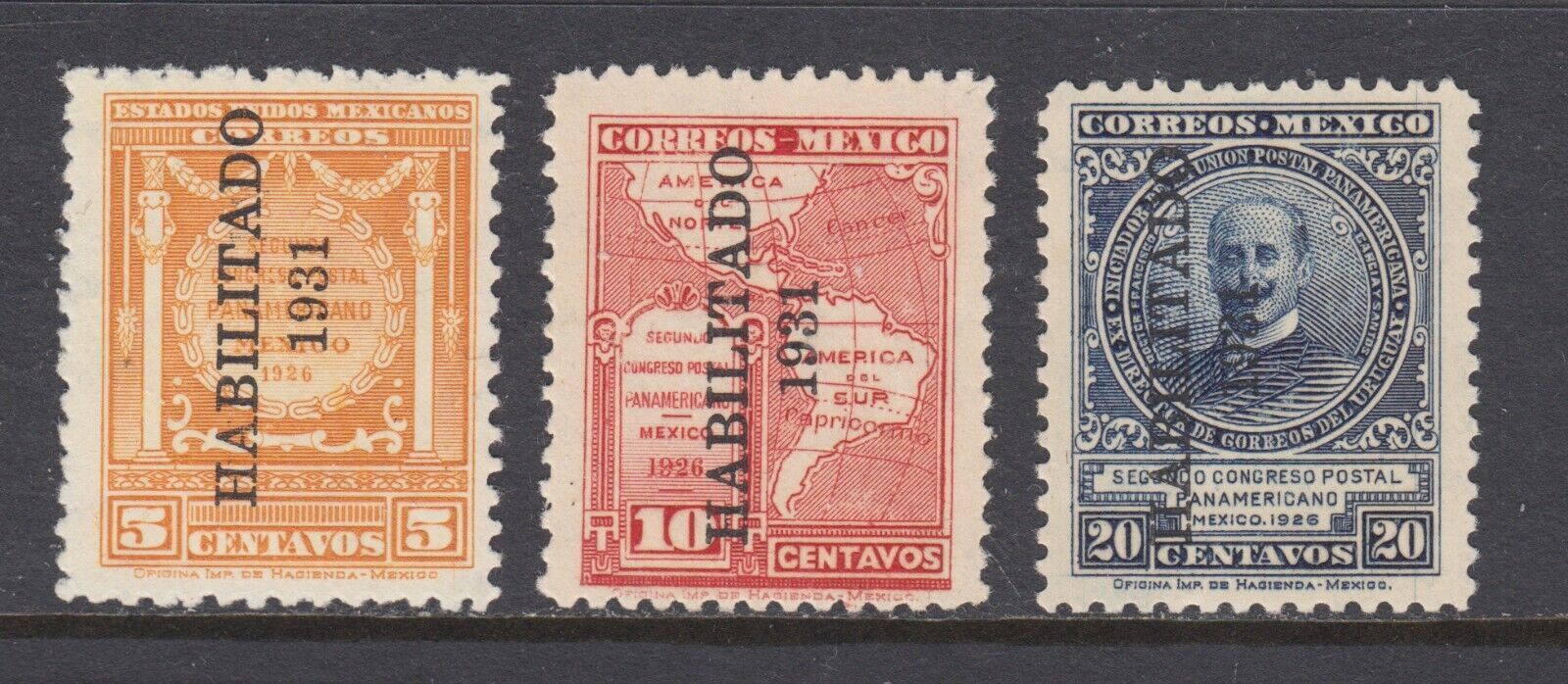 Mexico Sc 677, 678, 679 MNH. 1931 HABILITADO overprints, 3 diff, fresh ...