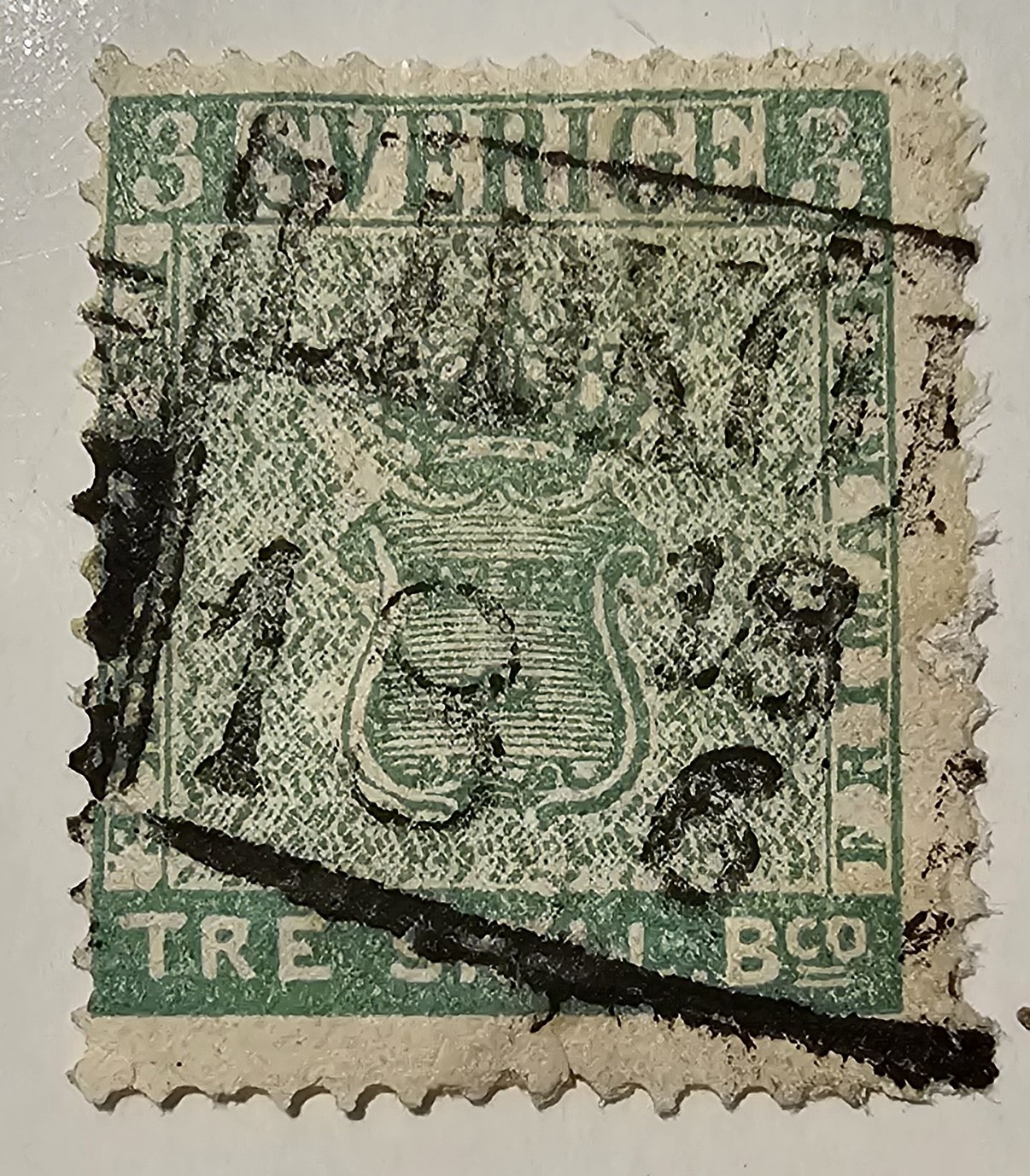 SWEDEN Stamp Scott #1 ($5000) - 3c blue green - Used (VF) - APS ...