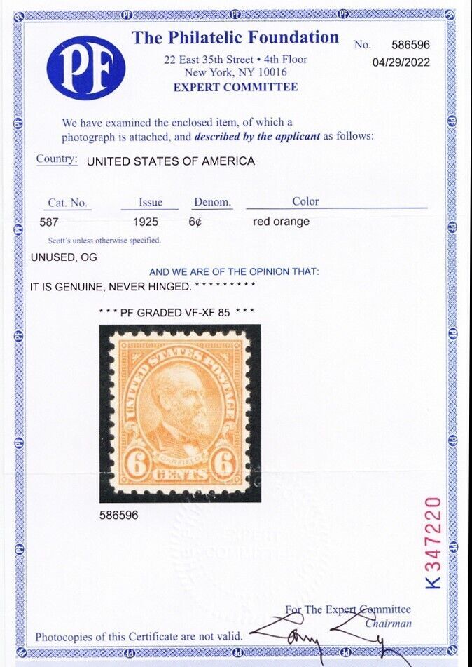 587, Mint 6¢ VF/XF NH GEM With Graded PFC Certificate * Stuart Katz ...