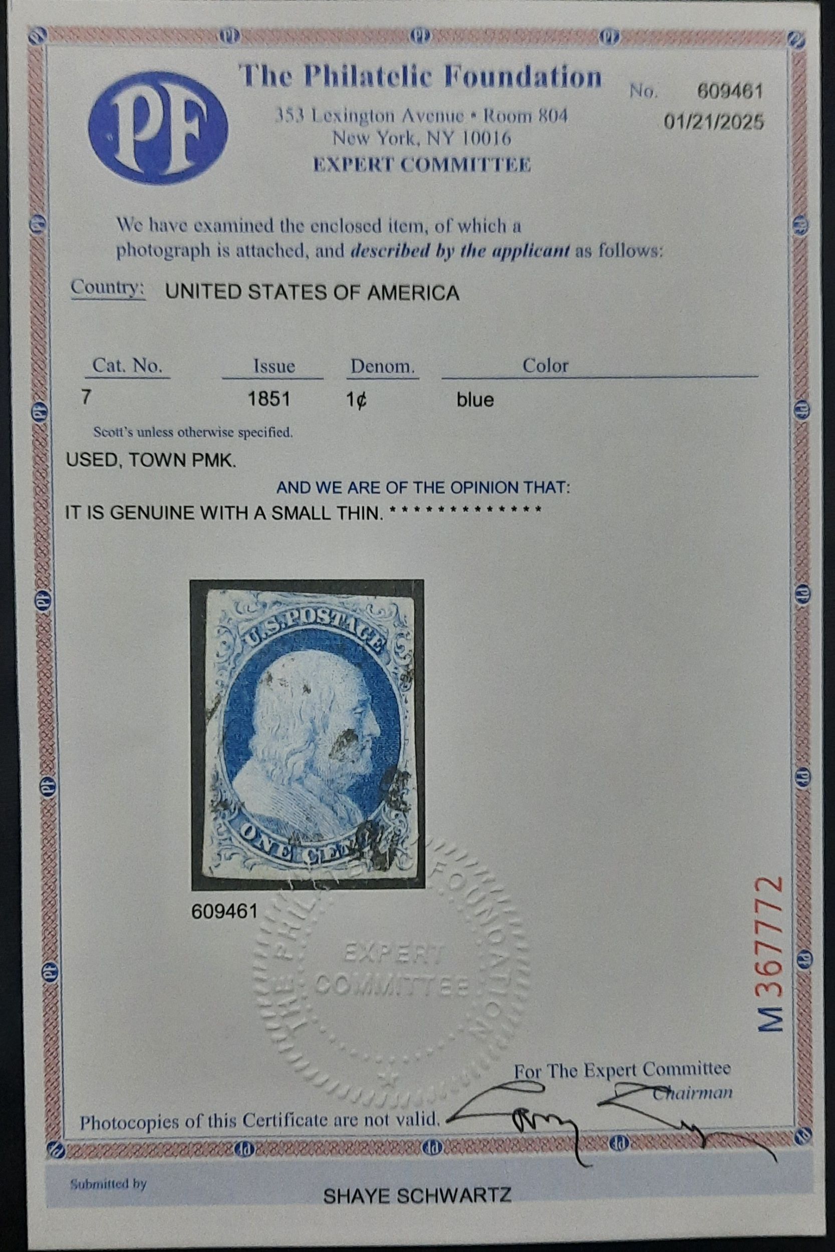 Sc#7 used 1 cent pf certificate | United States, General Issue Stamp ...