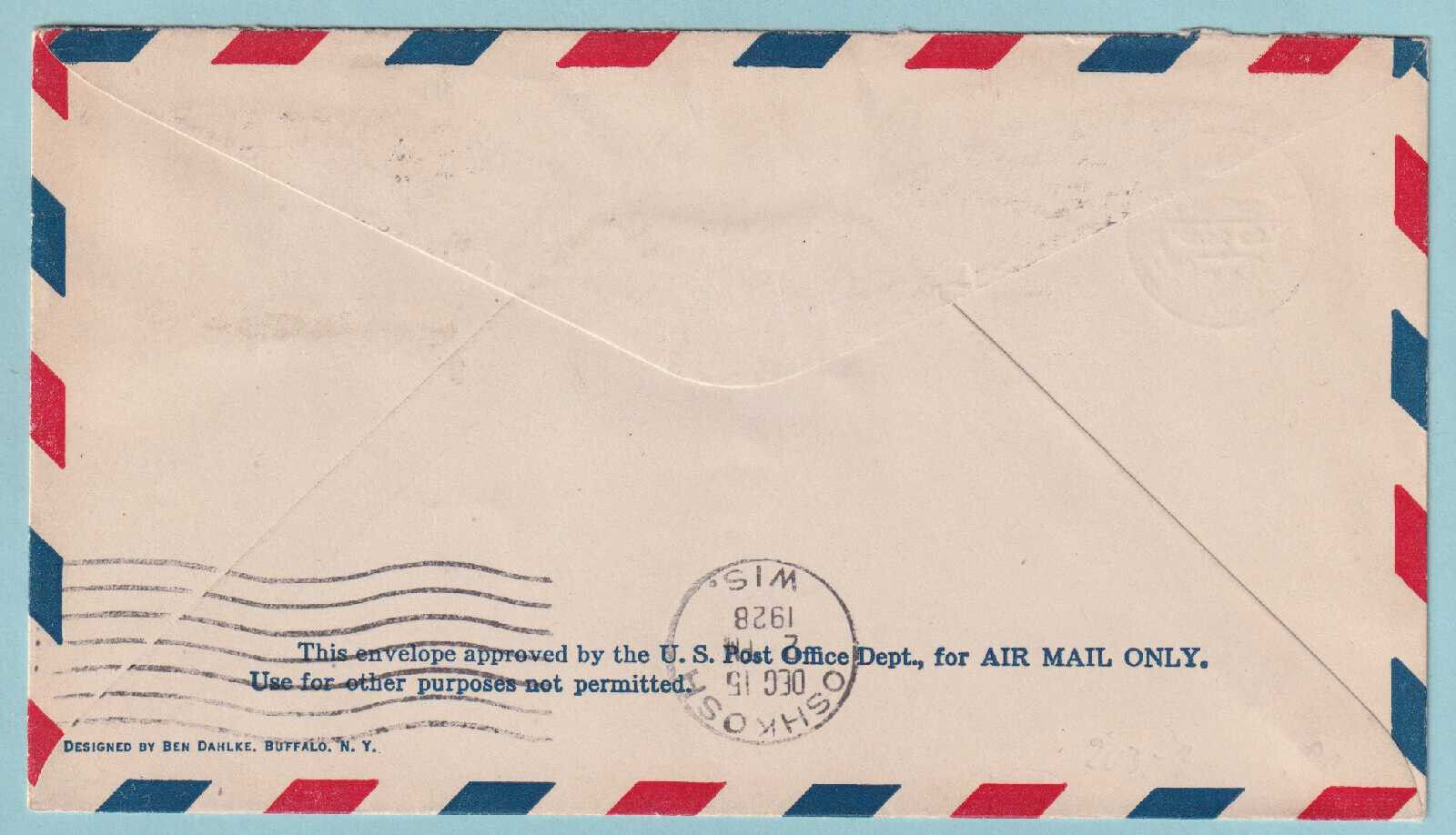 United States First Flight Cover - 1928 Fond DU LAC WIS to Oshkosh WIS ...