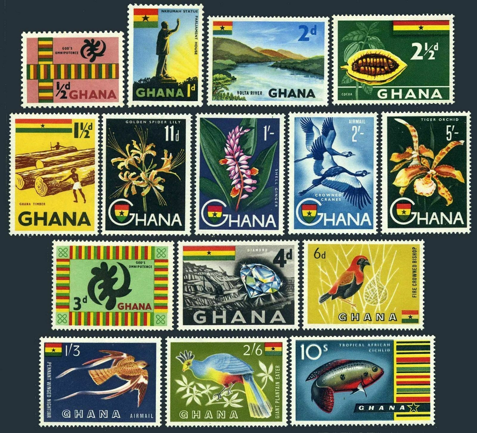 Ghana 48-60,C1-C2,lightly hinged. 1959.Cocoa,Diamond,Bishop,Lily,Orchid ...