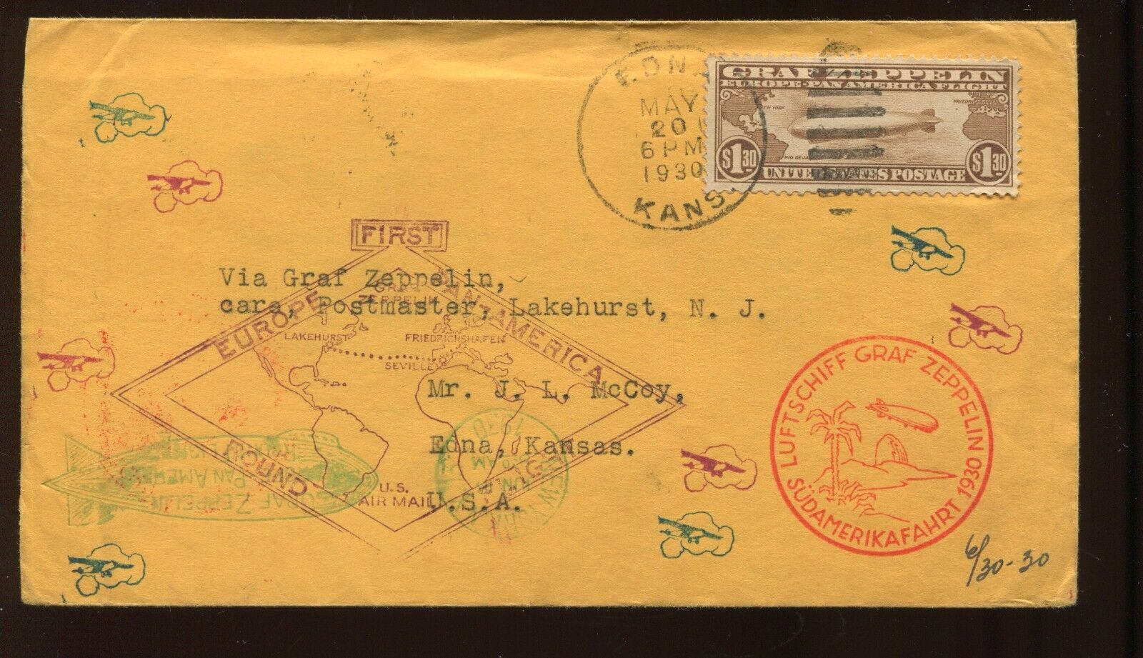 C14 Graf Zeppelin Used Stamp on MAY 20 1930 Colorful Cover to KANSAS ...