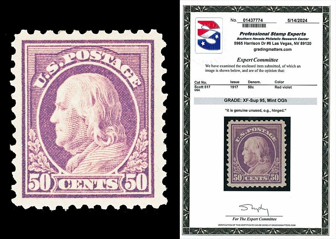 Scott 517 1917 50c Franklin Perf 11 Mint Graded XF-Sup 95 H with PSE ...