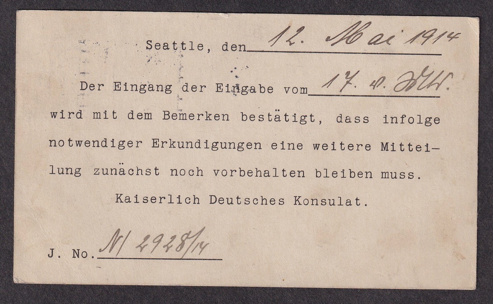 USA 1914 Imperial German Consulate 1c PS Card Seattle Washington to ...