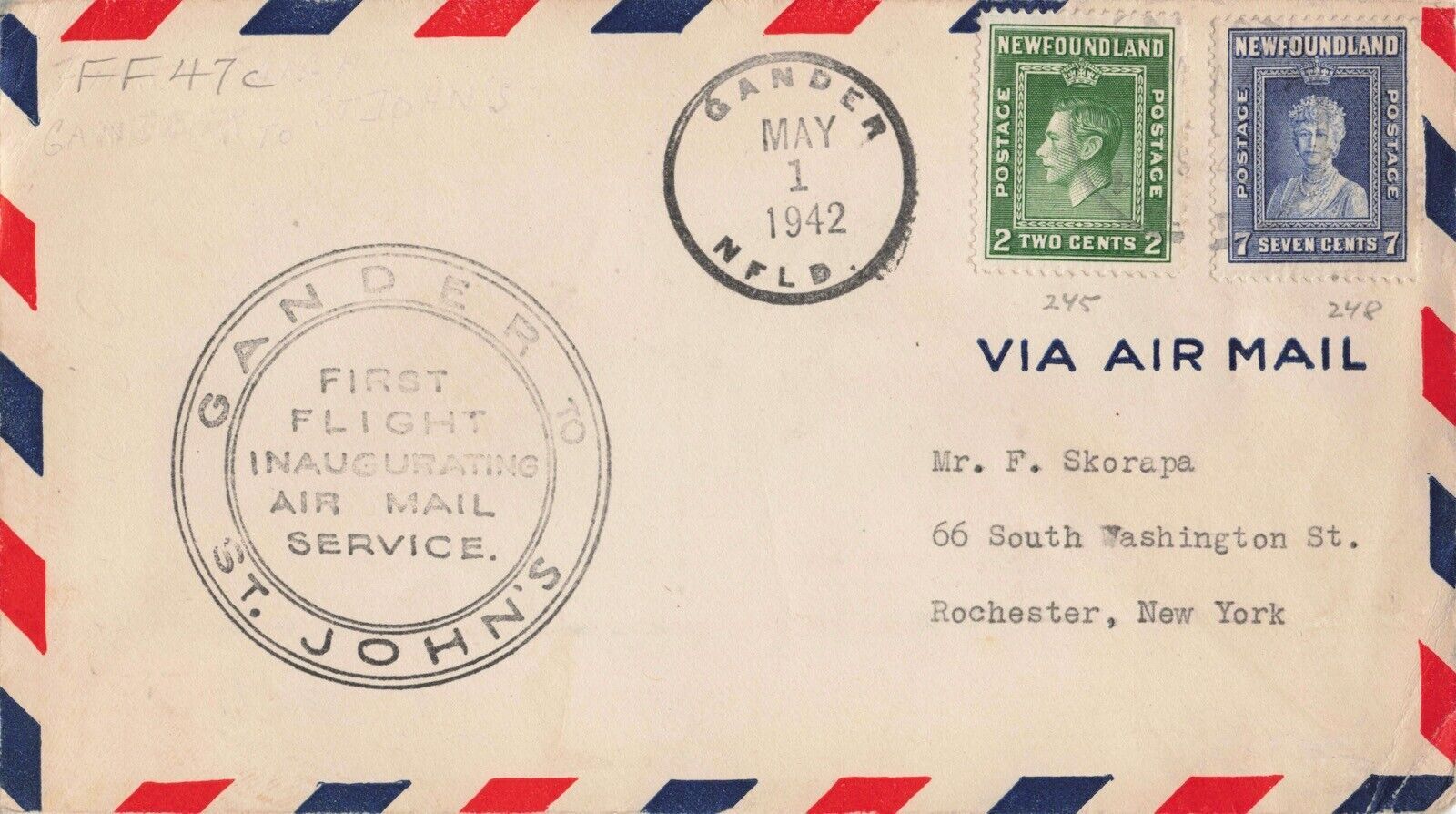 Newfoundland 1942 Gander to St. John's First Flight Cover FFC | Canada ...