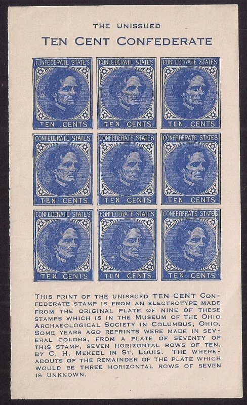 CSA Unissued Ten Cent stamp, private print, sheet of nine w info. ca ...