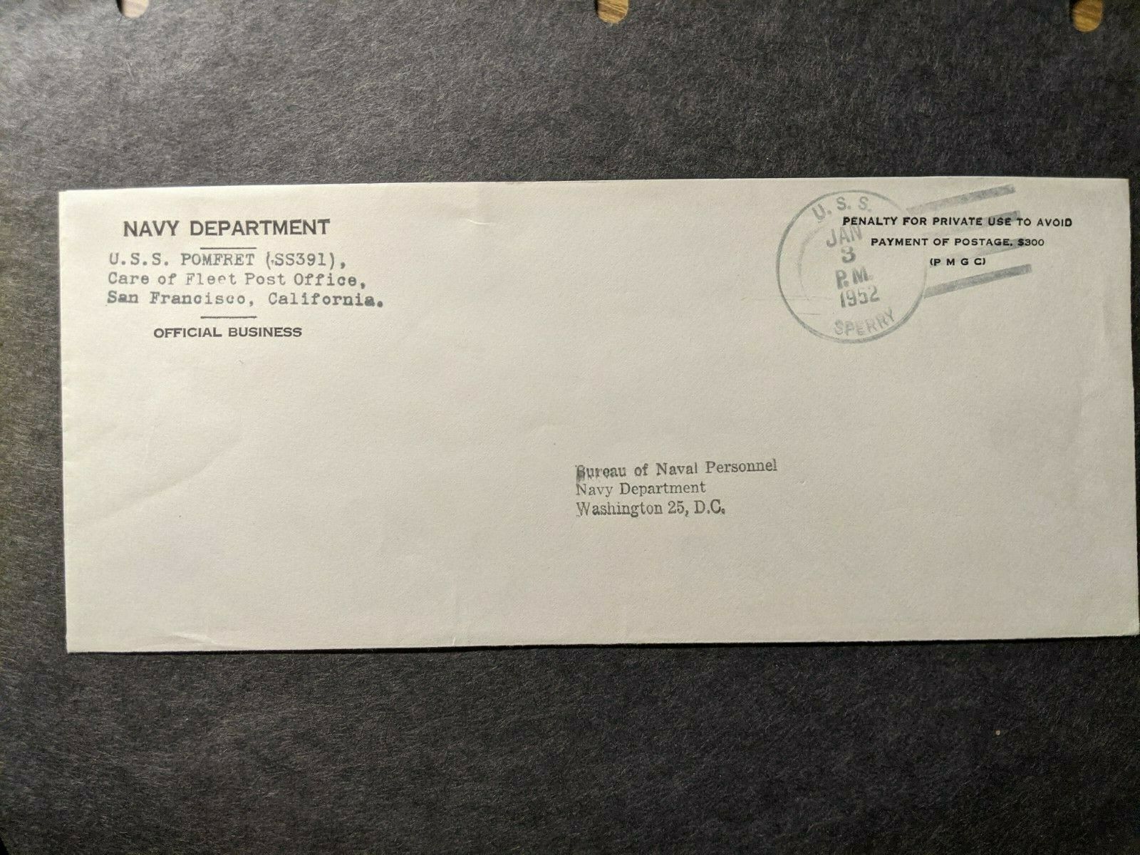 Submarine USS POMFRET SS-391 Official Naval Cover 1952 KOREAN WAR USS ...