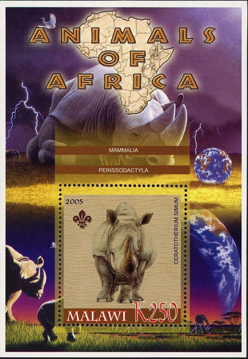 Malawi Animals of Africa Mammals Ceratotherium Simum Souvenir Sheet ...
