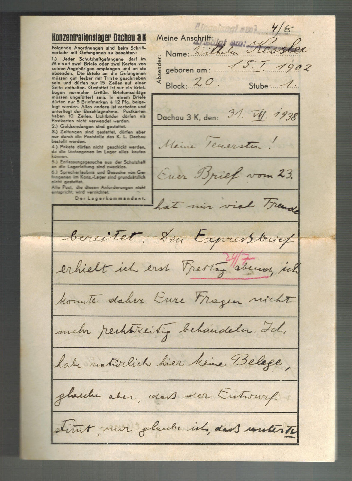1938 Germany Dachau Concentration Camp Letter Sheet KZ Wilhelm Kessler ...