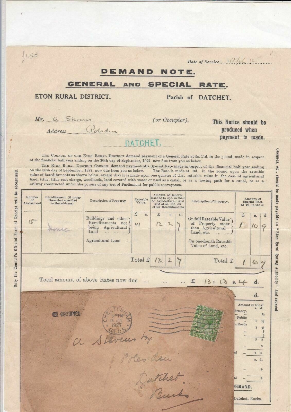Demand Note General and Special Rate 1927 Letter & Original Stamp Cover ...