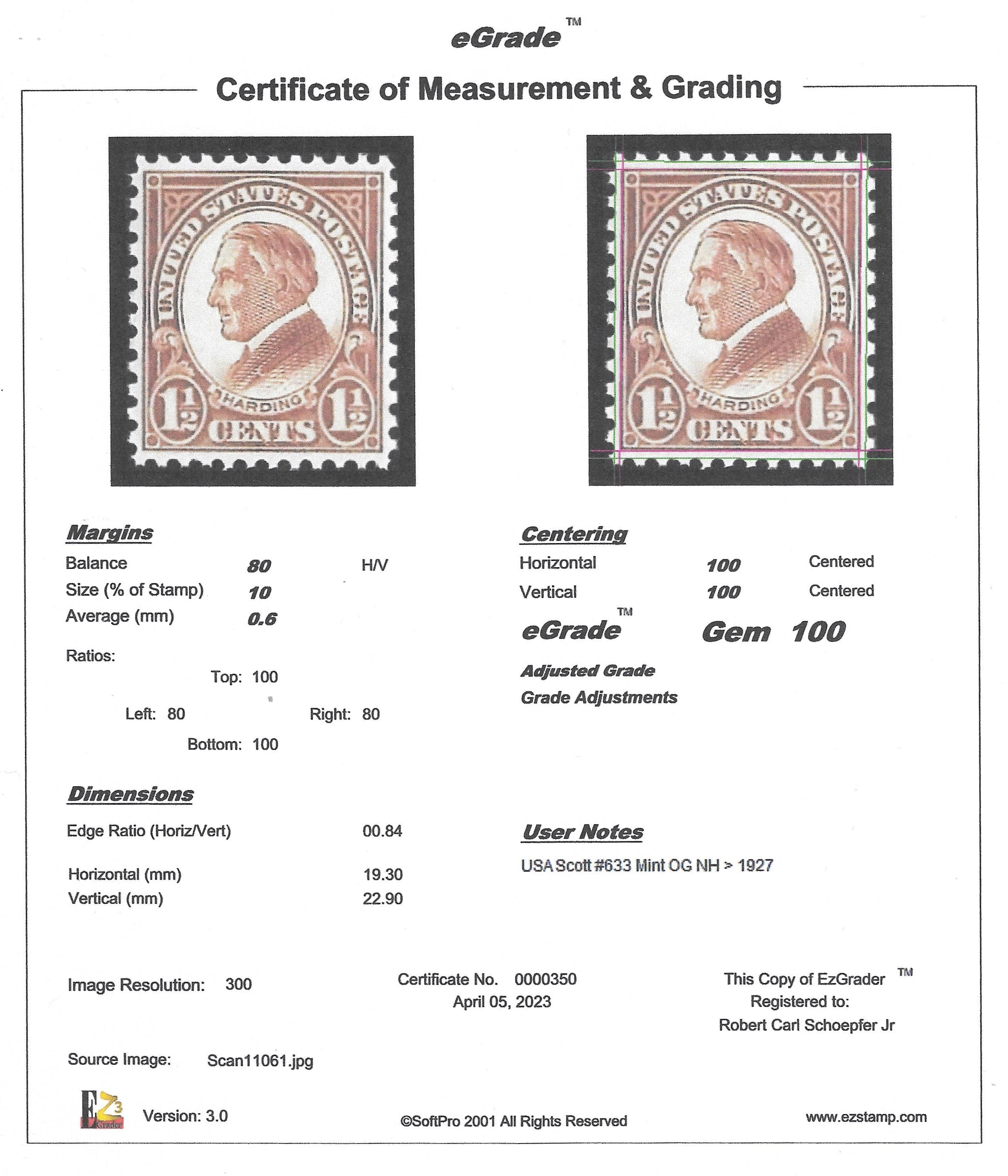 633 1 1/2 cent GEM Harding Brown Stamp mint OG NH EGRADED SUPERB 100 ...