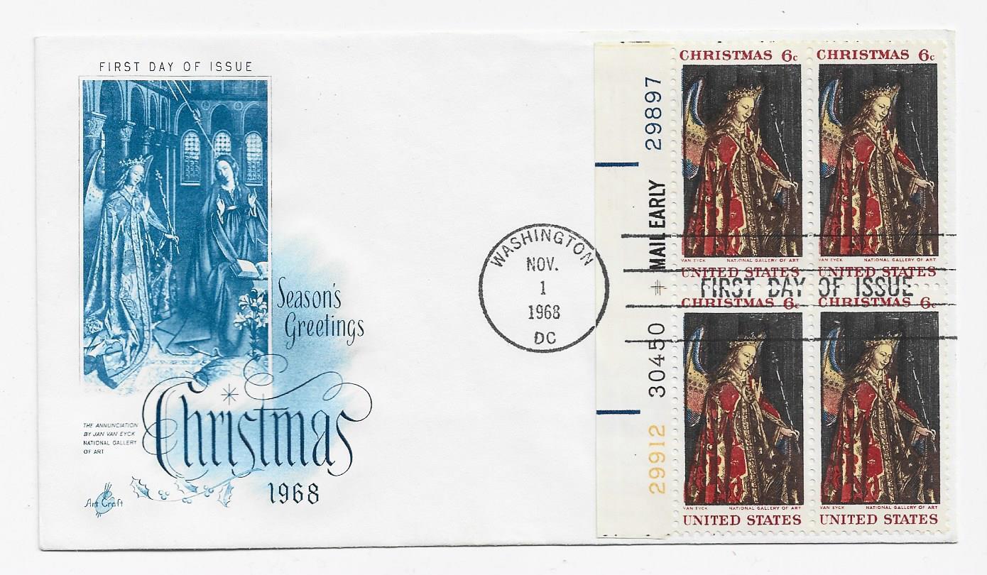 US 1363 (Me-3) 6c Christmas blk 4 w 3 pl#'s FDC Artcraft Cachet Unadd ...