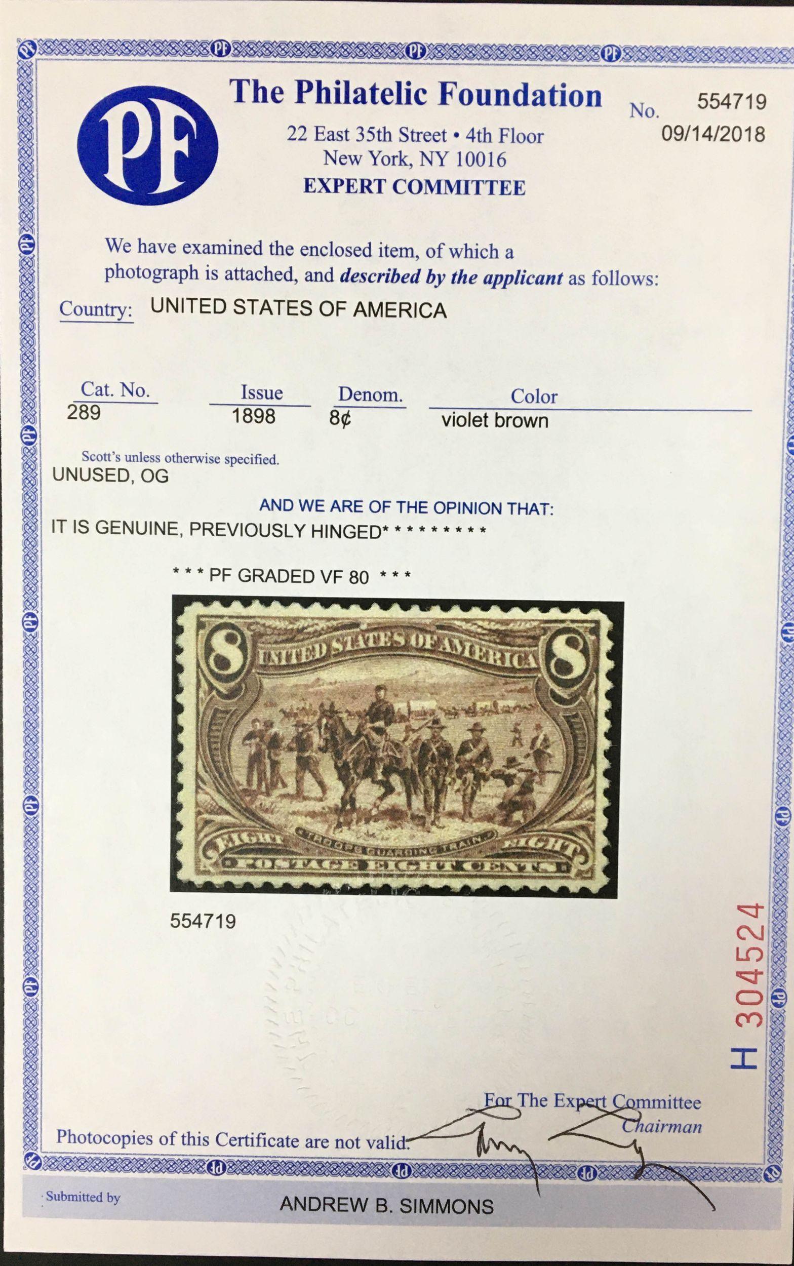 US Stamps # 289 Mint OG VLH **** PF Graded Cert Vf-80 **** LOT #9409 ...