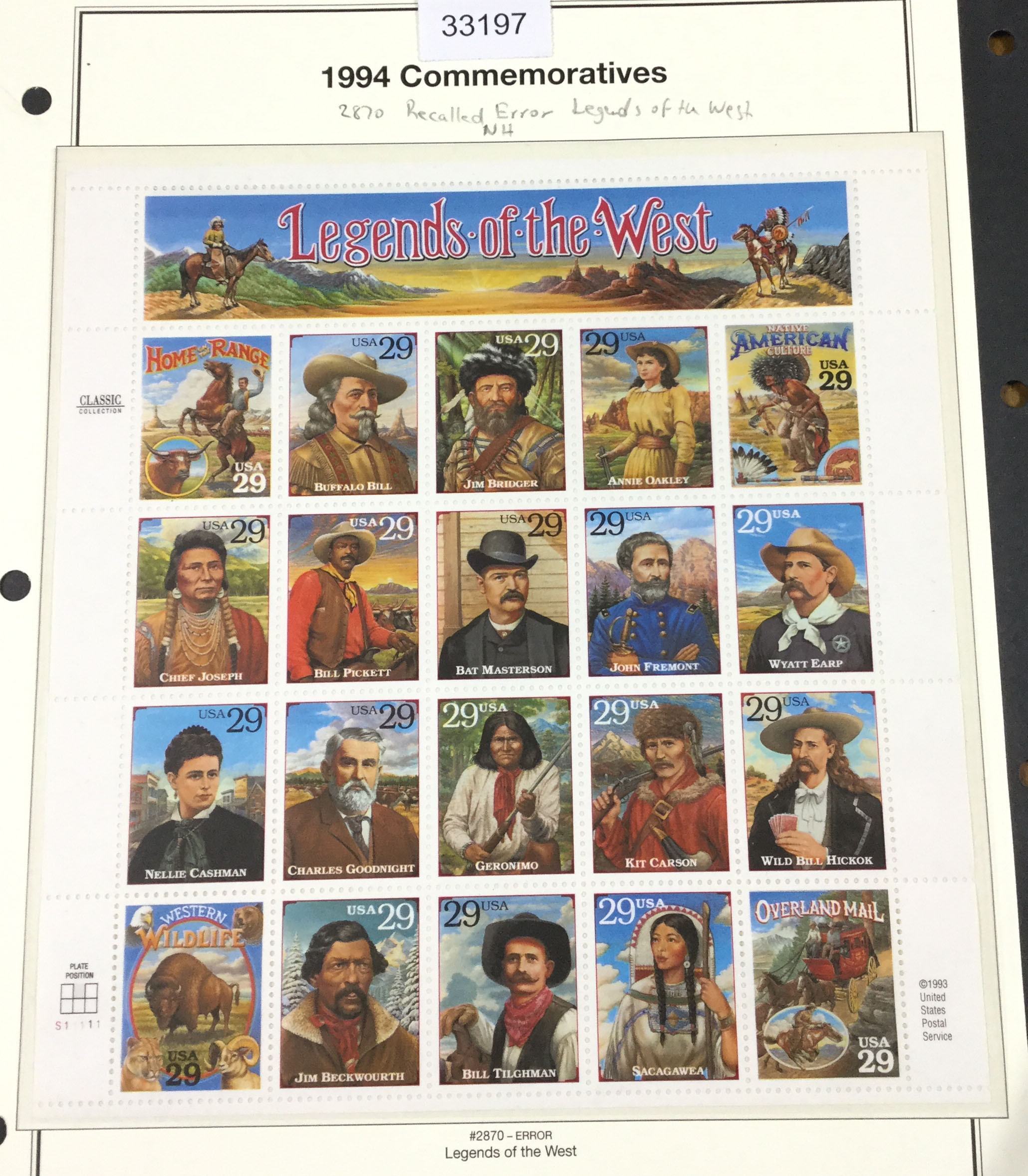 US Stamps #2870 Recalled Error Legends of the West Mint OG NH LOT ...