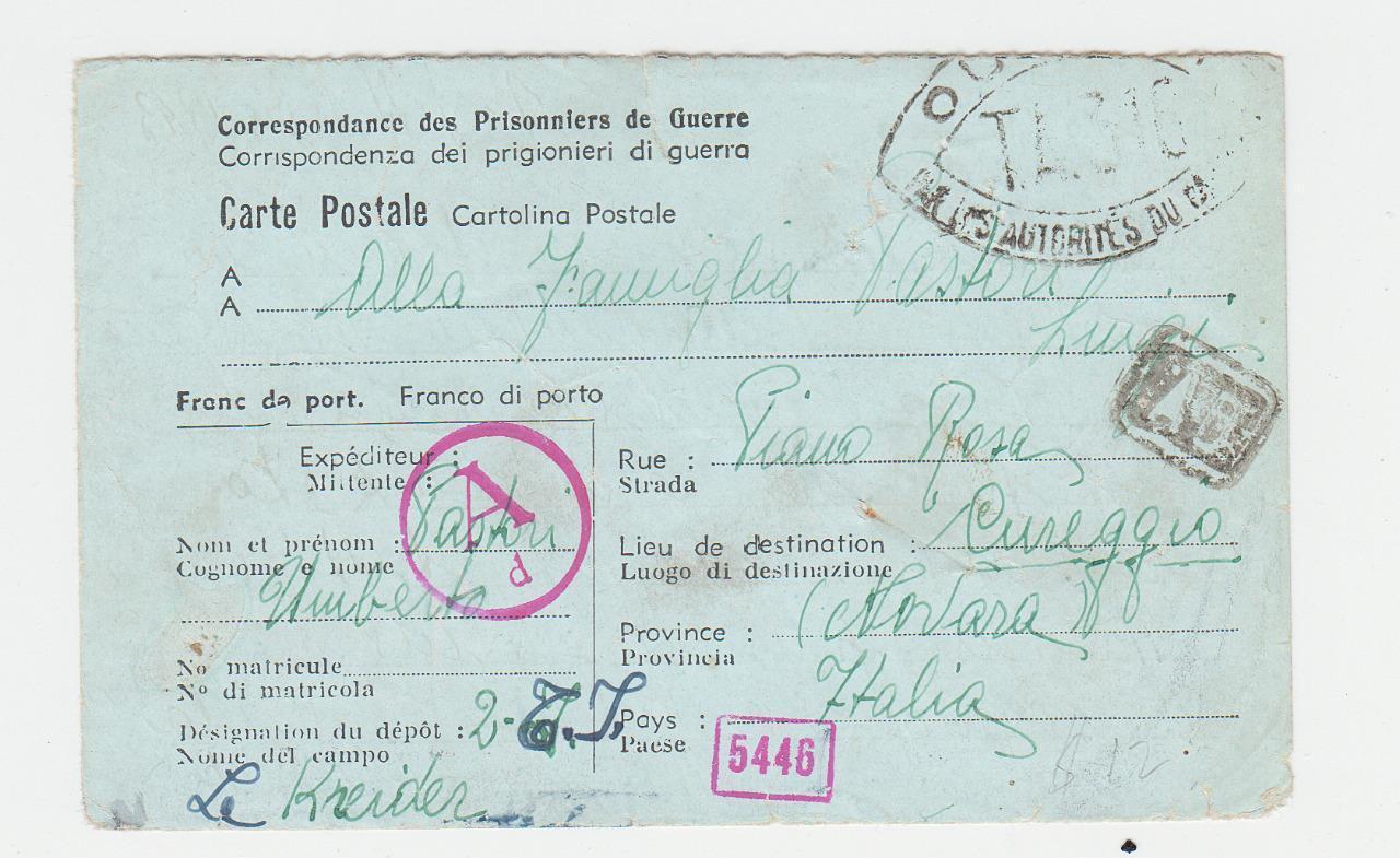 Algeria 1943 POW Card, Camp LE Kreider to Italy Various Markings (See ...