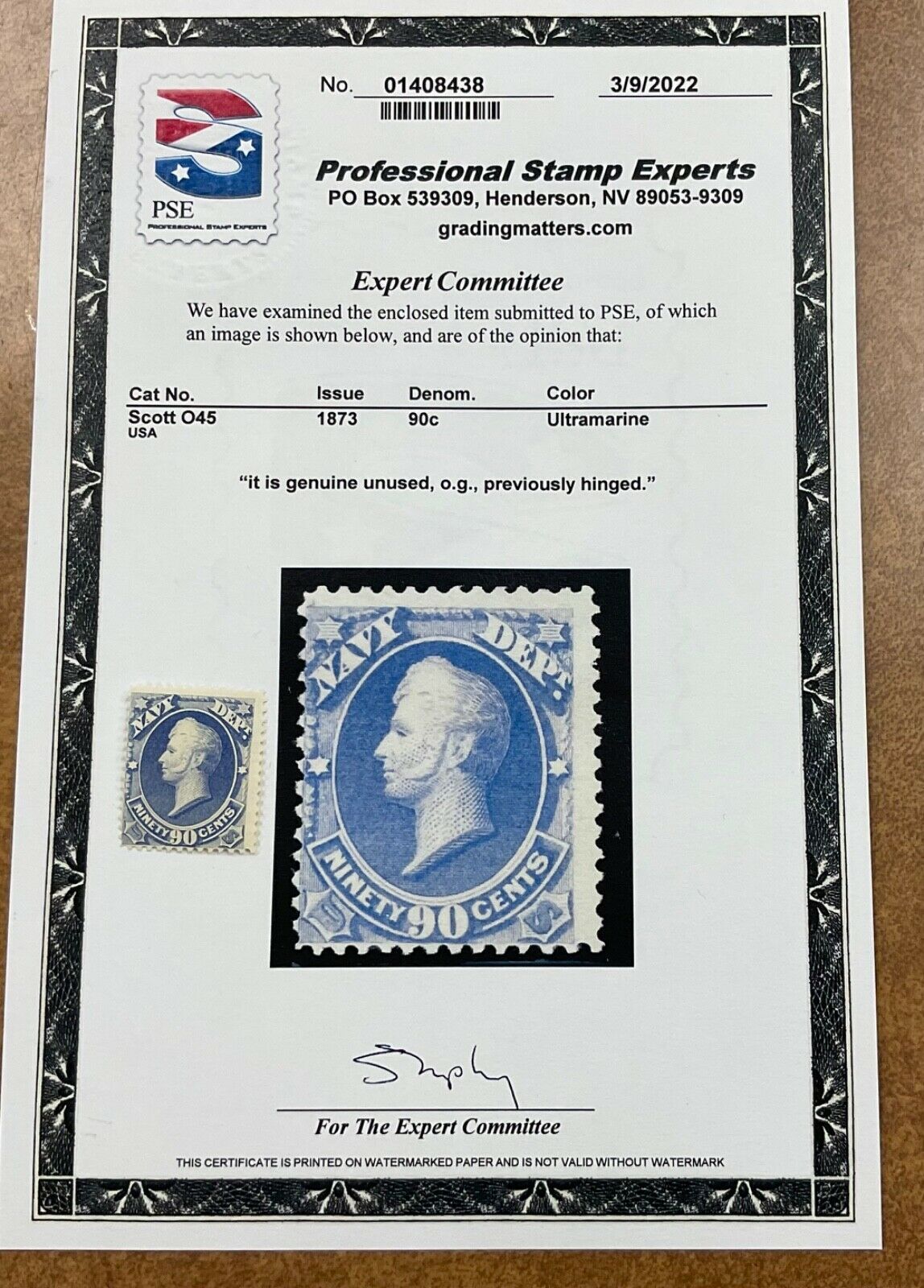 1873 U.S. 90c Navy Official Stamp Scott #O45 Unused PSE certificate ...