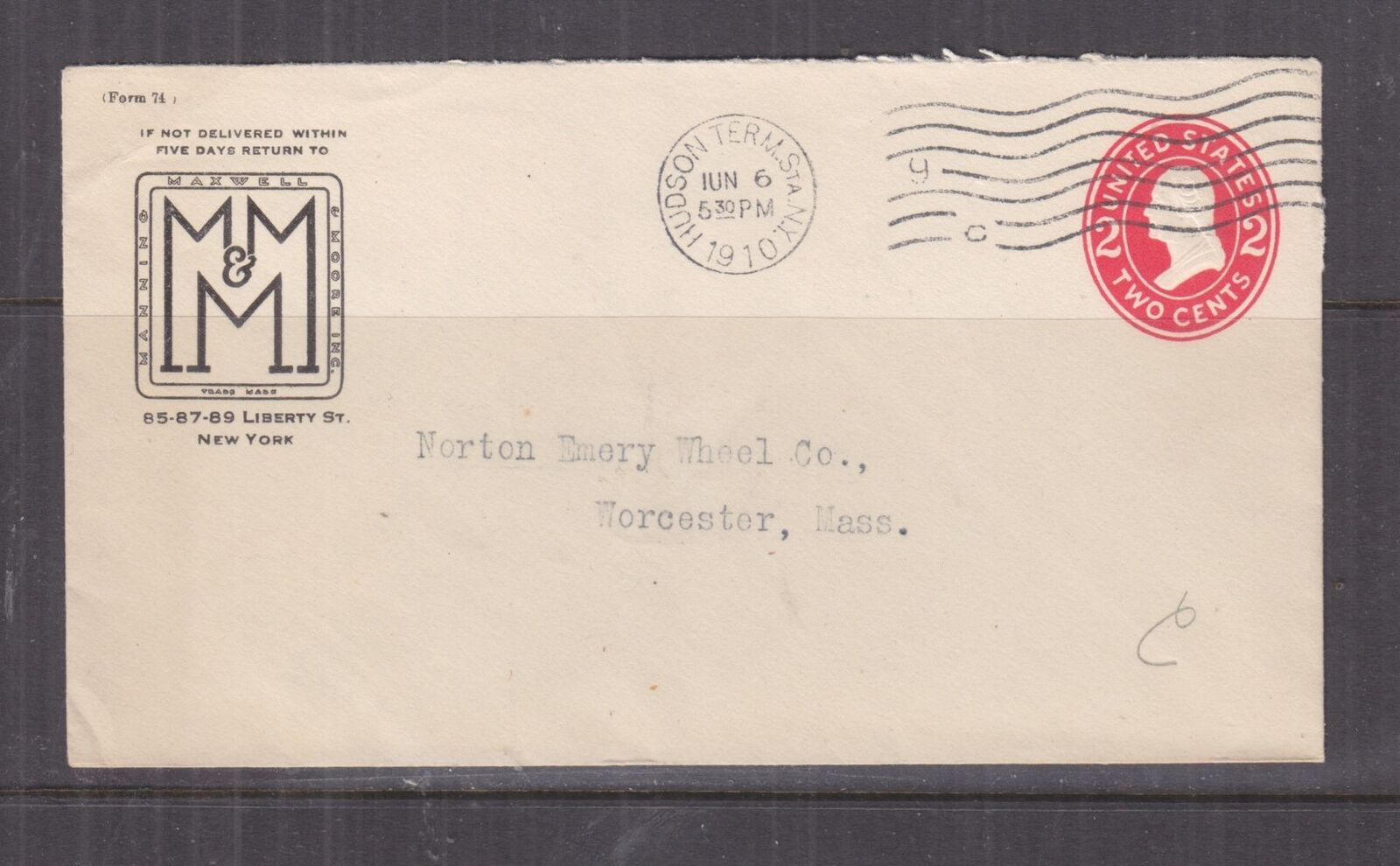 Envelope Ptpo, 1910 2c. Manning, Maxwell, Moore, New York, Hudson ...