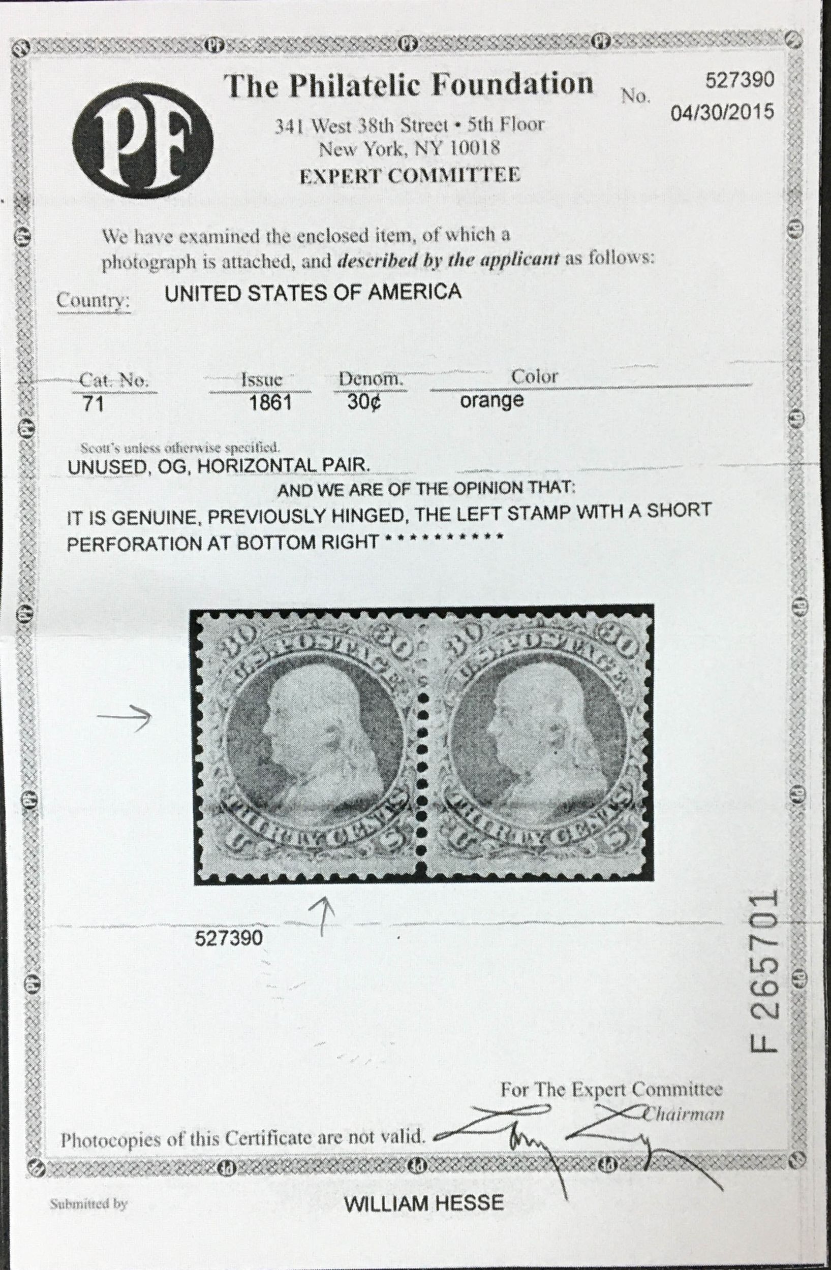 US Stamps # 71 Mint OG H **** PF Cert **** CAT. $2,600 LOT #435 ...
