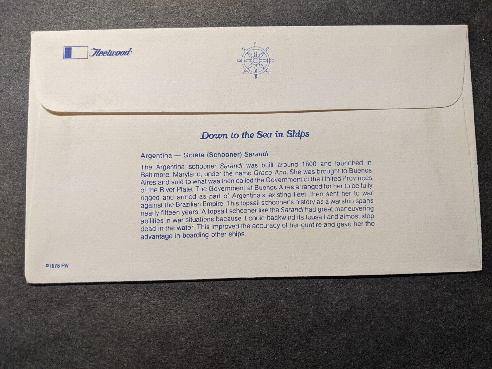 Argentina Schooner Goleta SARANDI Naval Cover 1978 FLEETWOOD Cachet ...