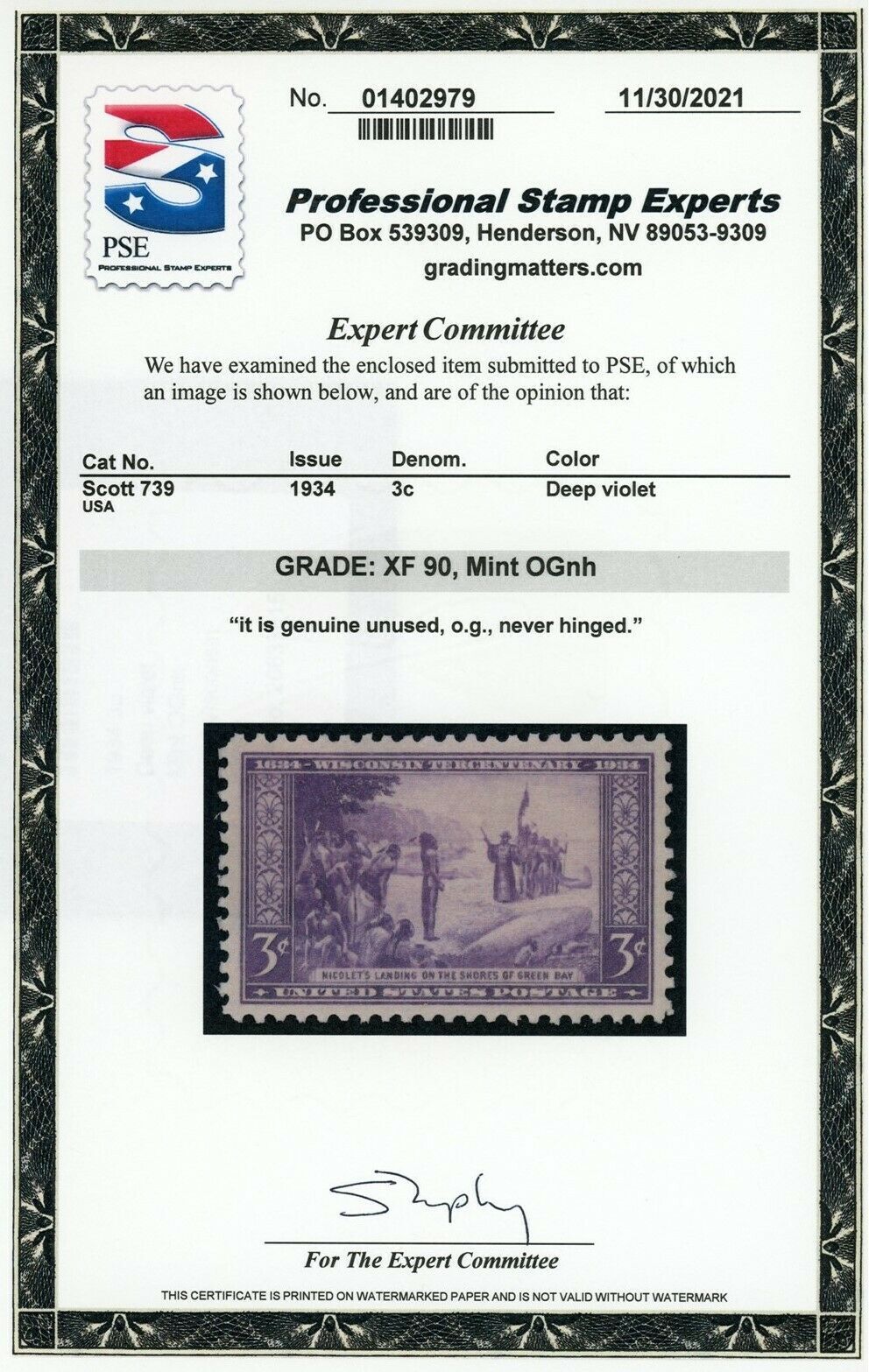 US Stamp #739 Wisconsin Tercentenary 3c - PSE Cert - XF 90 - MOGNH ...