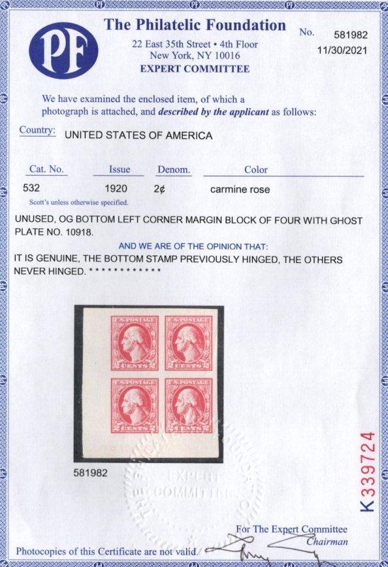 532 SUPERB OG NH, Corner Margin Block, w/PF (..MORE.. gg3741 | United ...