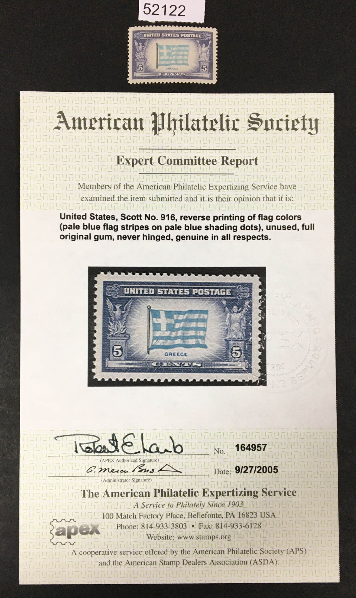 US Stamps # 916 VAR. Reverse Printing Mint OG NH APS Cert LOT #52122 ...