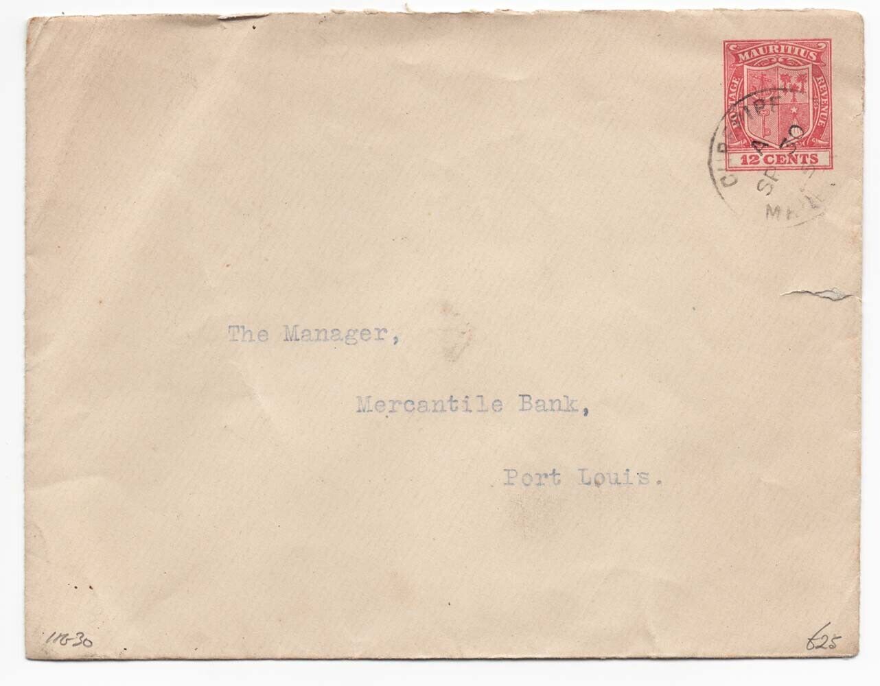 Mauritius 1925 12c Postal Envelope CUREPIPE - PORT LOUIS, g-fine, small ...