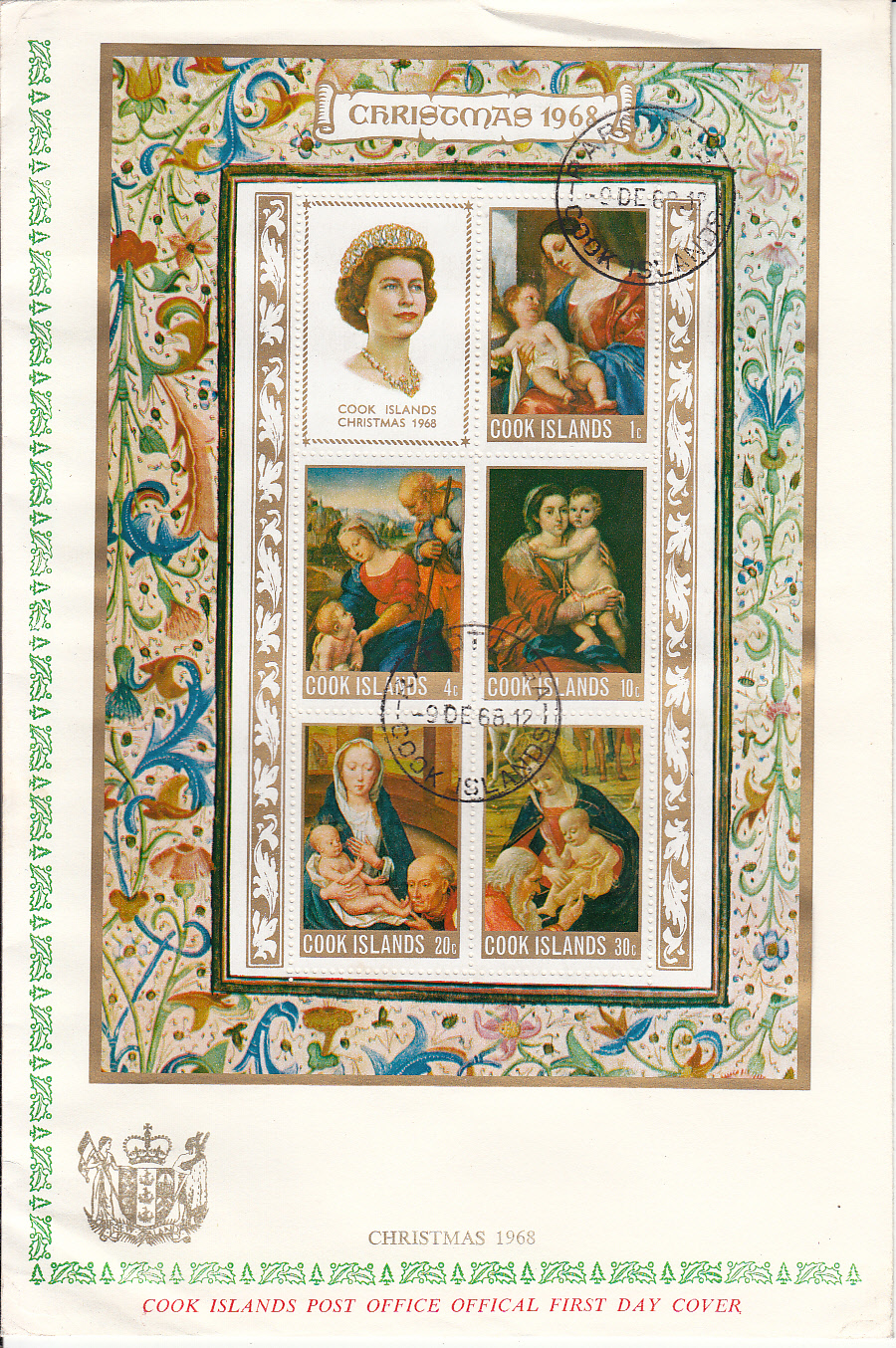 Cook Islands 1968 FDC Sc #247a Christmas Paintings Sheet of 5 plus ...