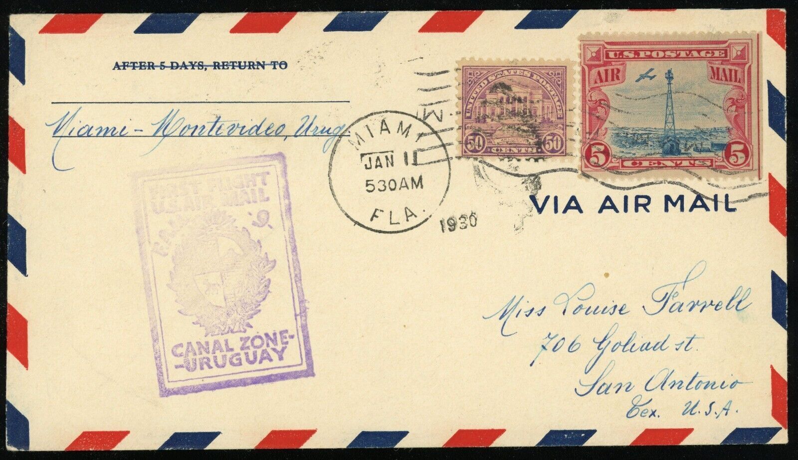 Miami Cristobal Canal Zone Uruguay 1930 FAM9 First Airmail Flight USA ...