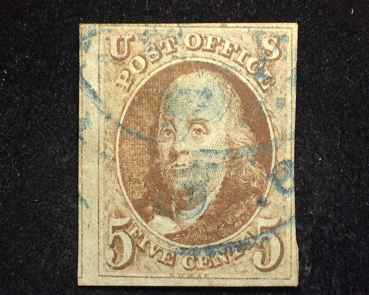 HS&C: Scott #1 Four margin stamp Faint Blue Circle cancel. Used XF ...