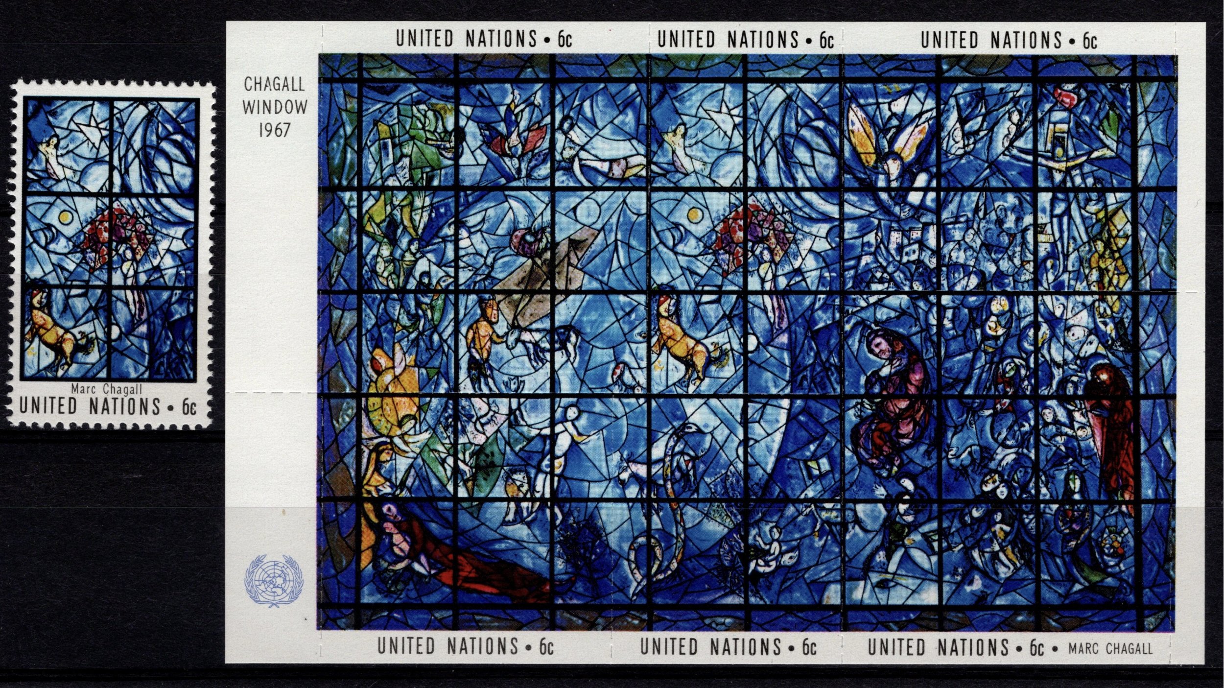United Nations 1967 Art, Chagall's Memorial Window, 6c & Minisheet ...