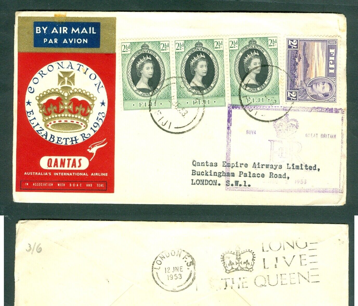 Fiji 1953. FDC. Qantas Airline, Coronation Elizabeth II. . Sc# 129 + 3x ...