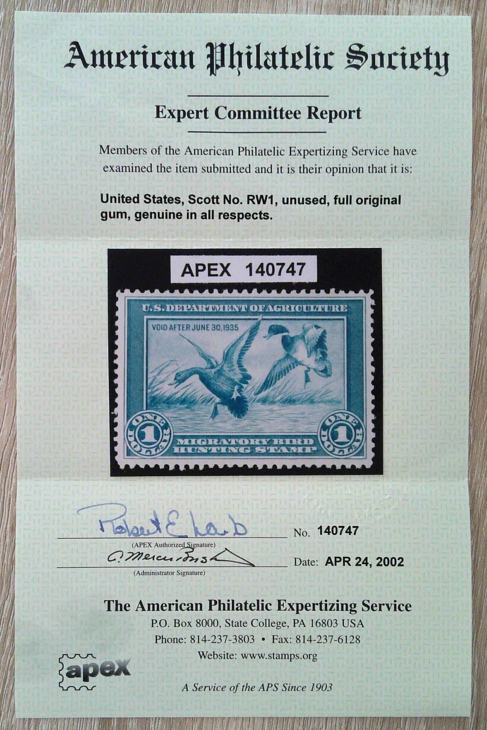 Scott #RW1 - $1 Blue - Mallards Alighting - MNH - 2002 APS cert - 1934 ...