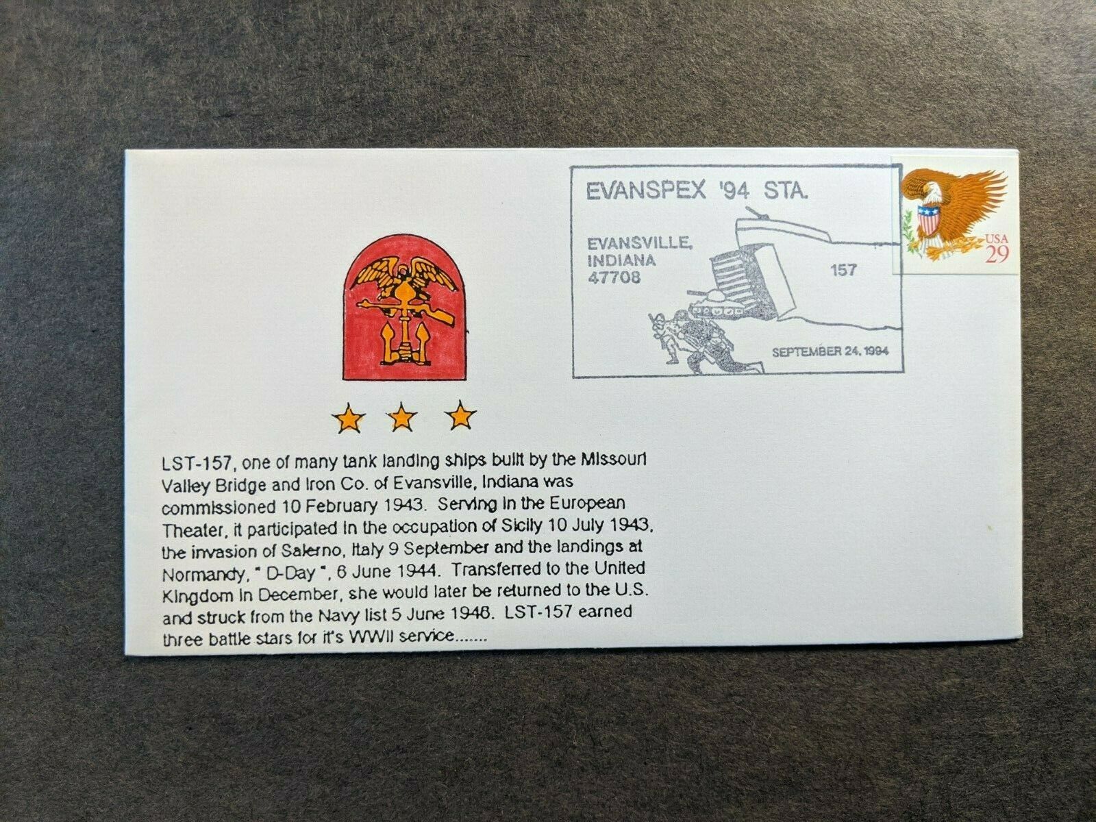 USS Lst-157 Naval Cover 1994 Hanson Cachet Landing Ship Tank Evansville ...