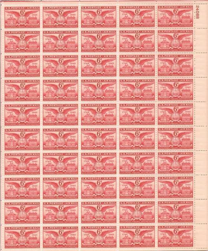Us Stamp 1949 Alexandria Bicentennial Airmail 50 Stamp Sheet C40