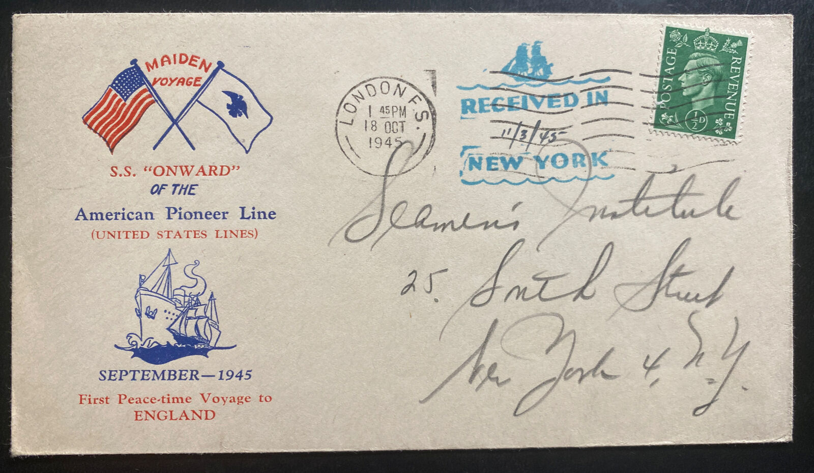 1945 London England Maiden Voyage First Day Cover To New York USA SS ...
