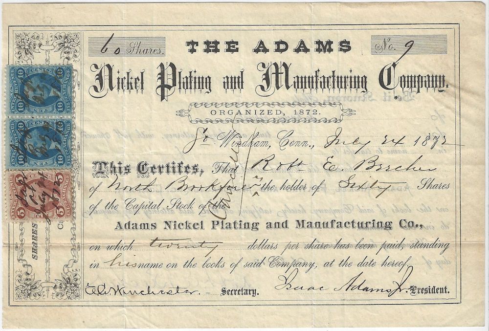 1872 – Plating Company Stock Certificate with Revenue Stamps - #1415 ...