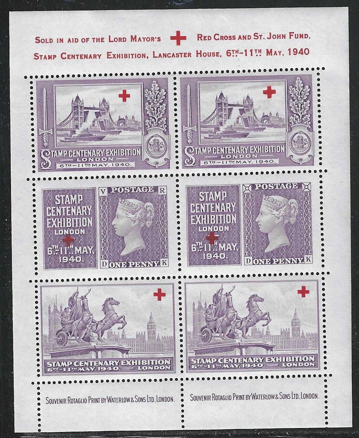 Stamp Centenary Exhibition, 1940, London, Pale Violet, Sheet of 6 ...