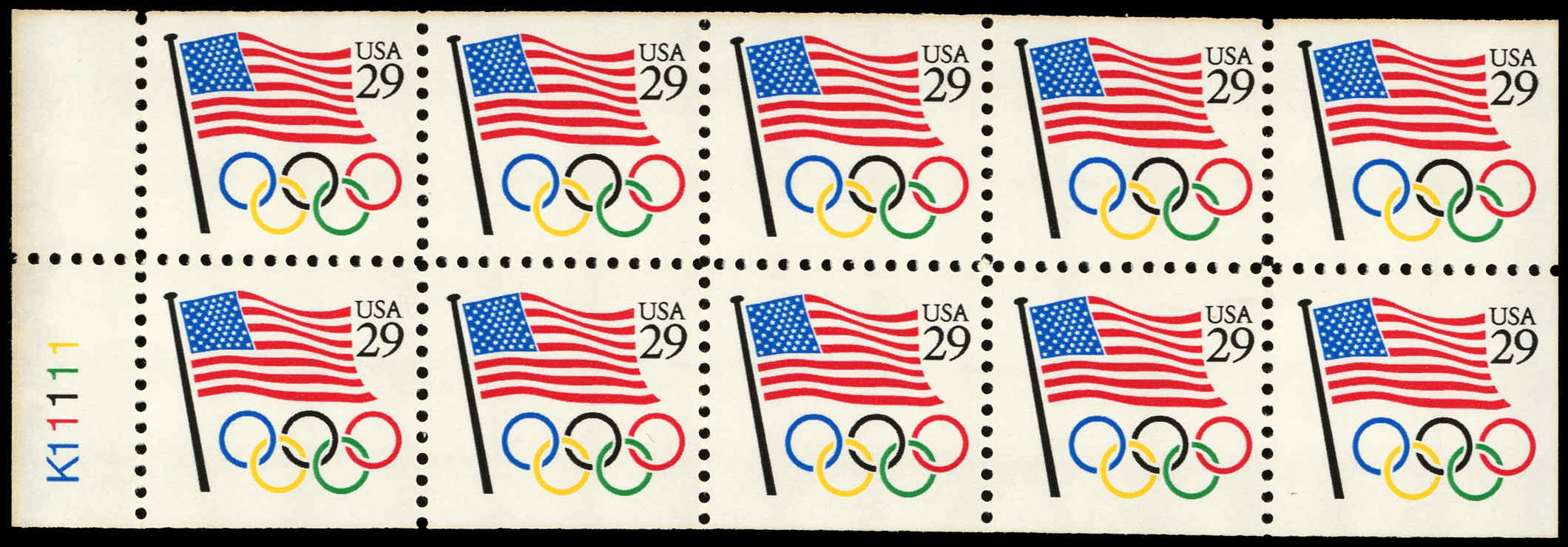 US Sc 2528a VF/MNH BOOKLET PANE - 1991 - 29¢ Flag & Olympic Rings ...