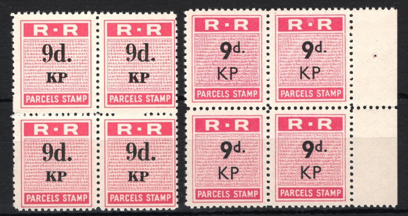 RHODESIA RAILWAYS Parcels Two Blocks of Four 9d *KP* Overprints Mint ...