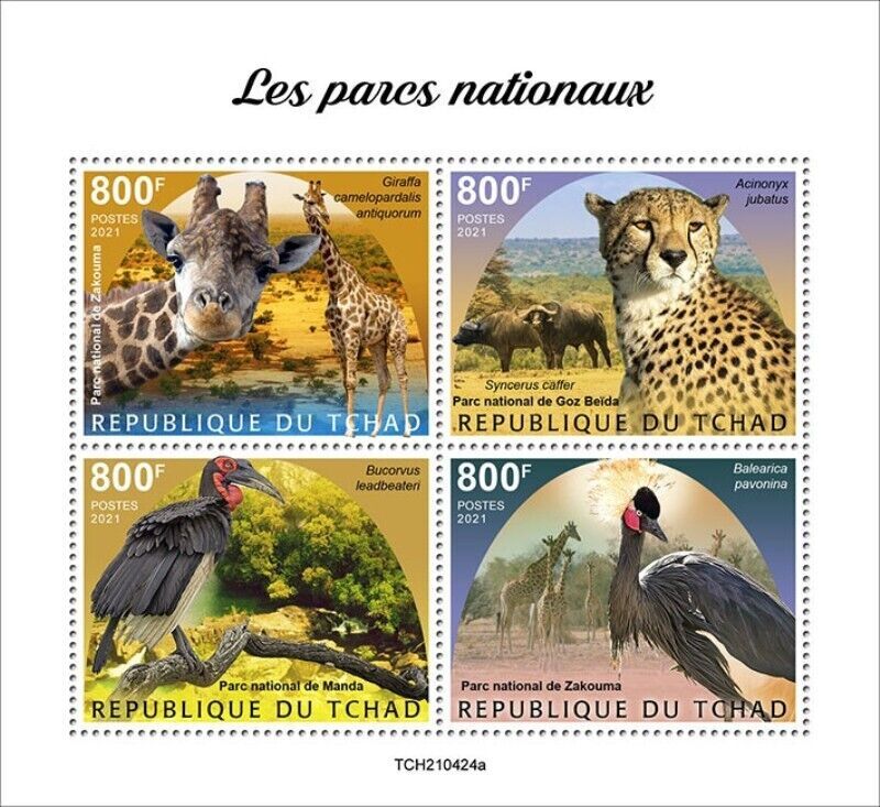 Chad - 2021 National Parks, Animals, Birds - 4 Stamp Sheet - TCH210424a ...