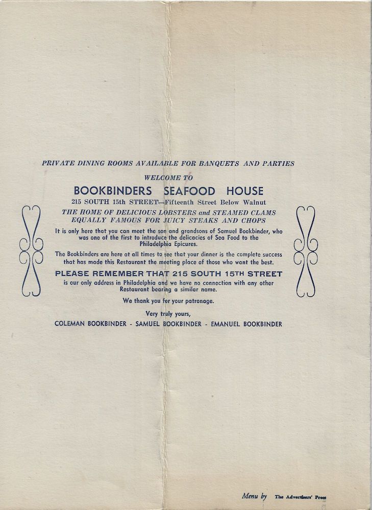 Ephemera: Circa 1950 - Bookbinders' Menu, the Philadelphia Seafood ...