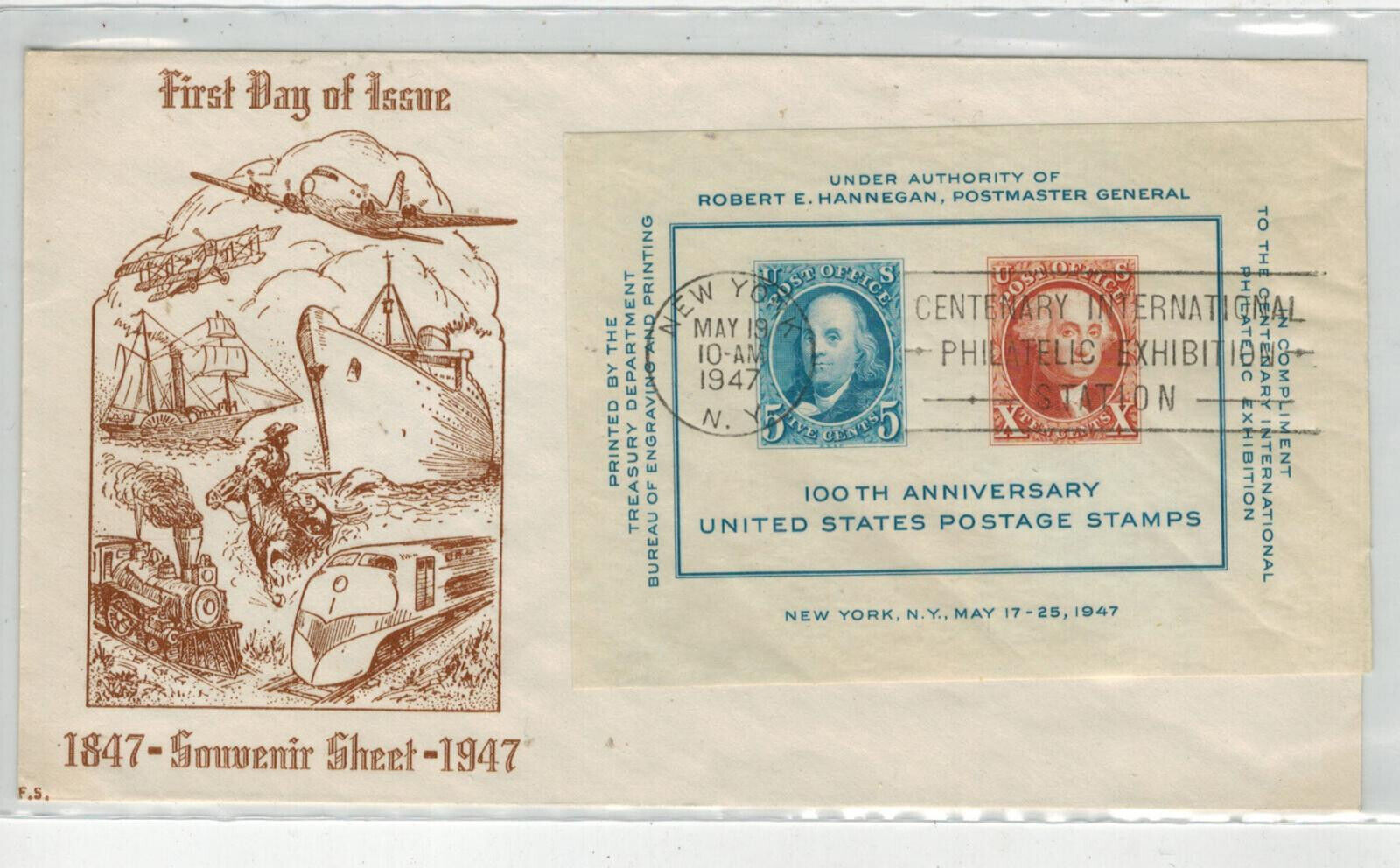 1947 CIPEX SOUVENIR SHEET 948 FDC Centenary of Postage Stamps FIDELITY ...